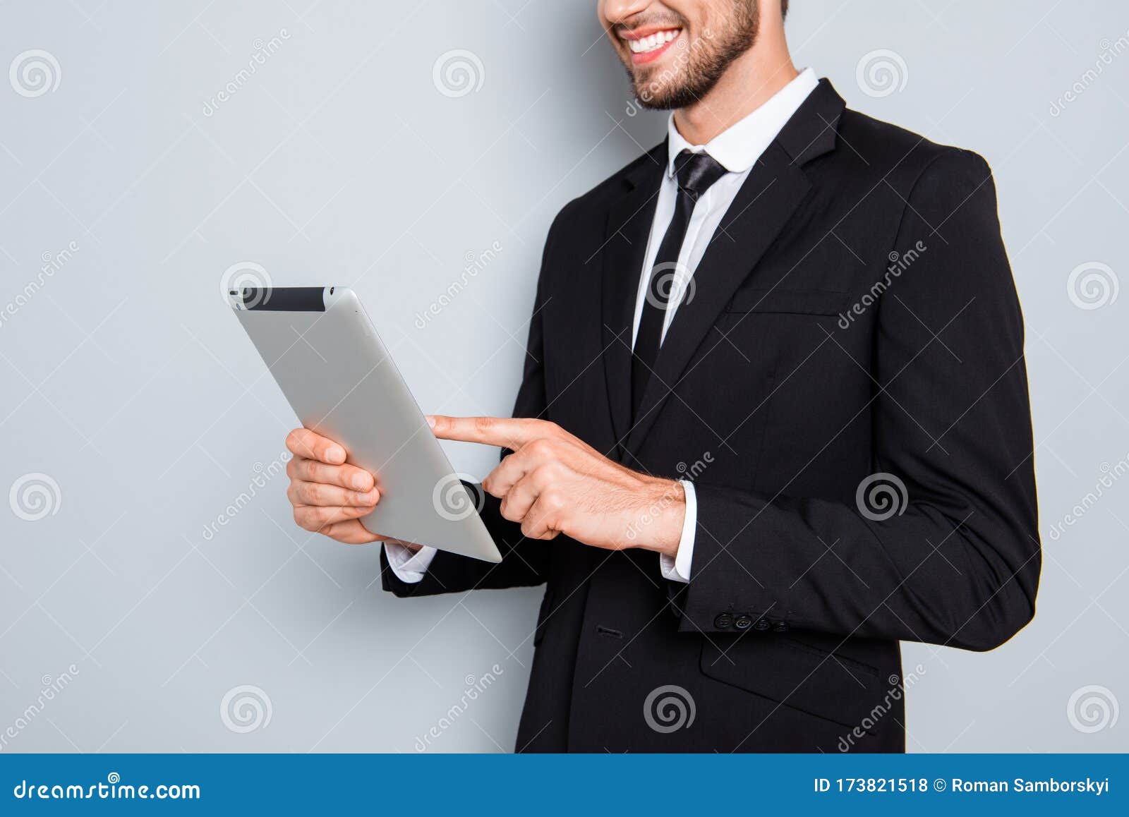 Close Up of Happy Smiling Successful Man Holding Tablet Stock Photo ...