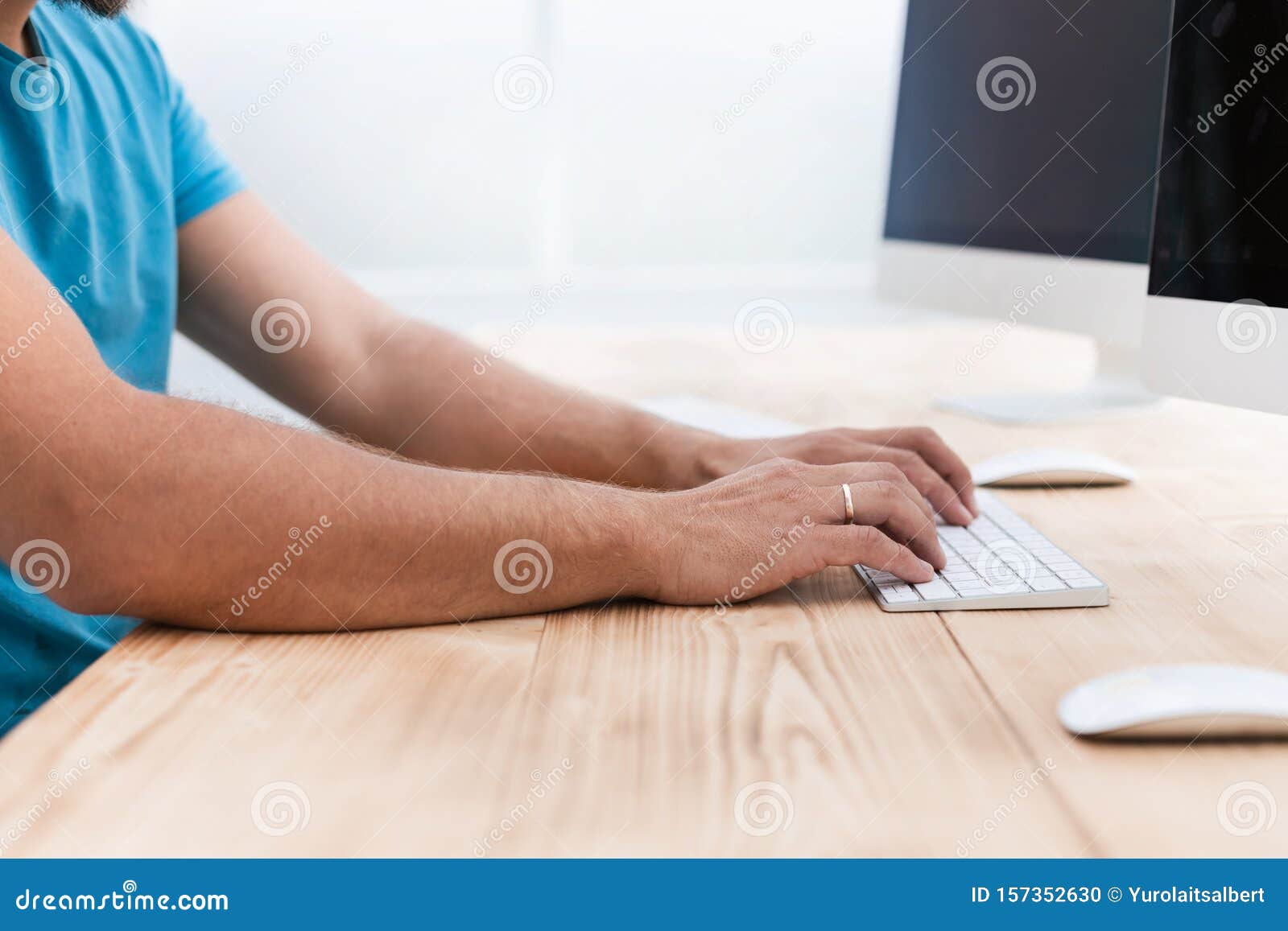 Close Up. Hardworking Man Working on a Personal Computer Stock Photo ...