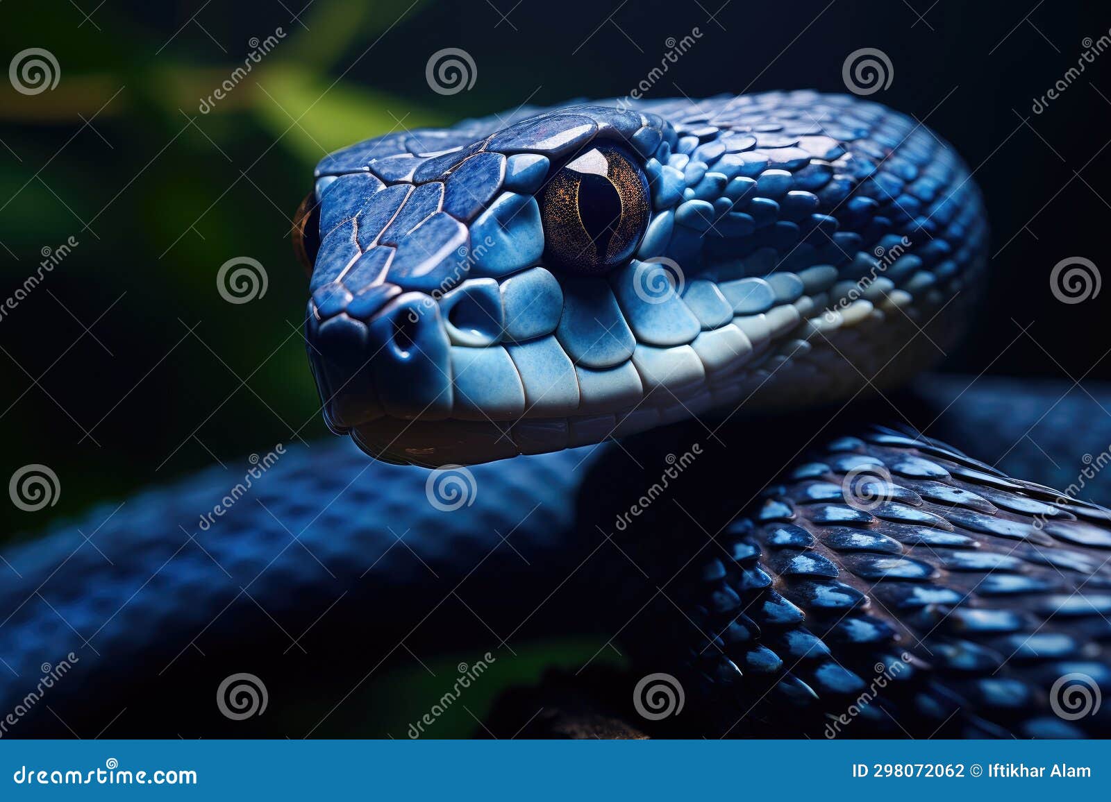 Close Up of the Head of a Blue Snake on a Dark Background, Blue ...