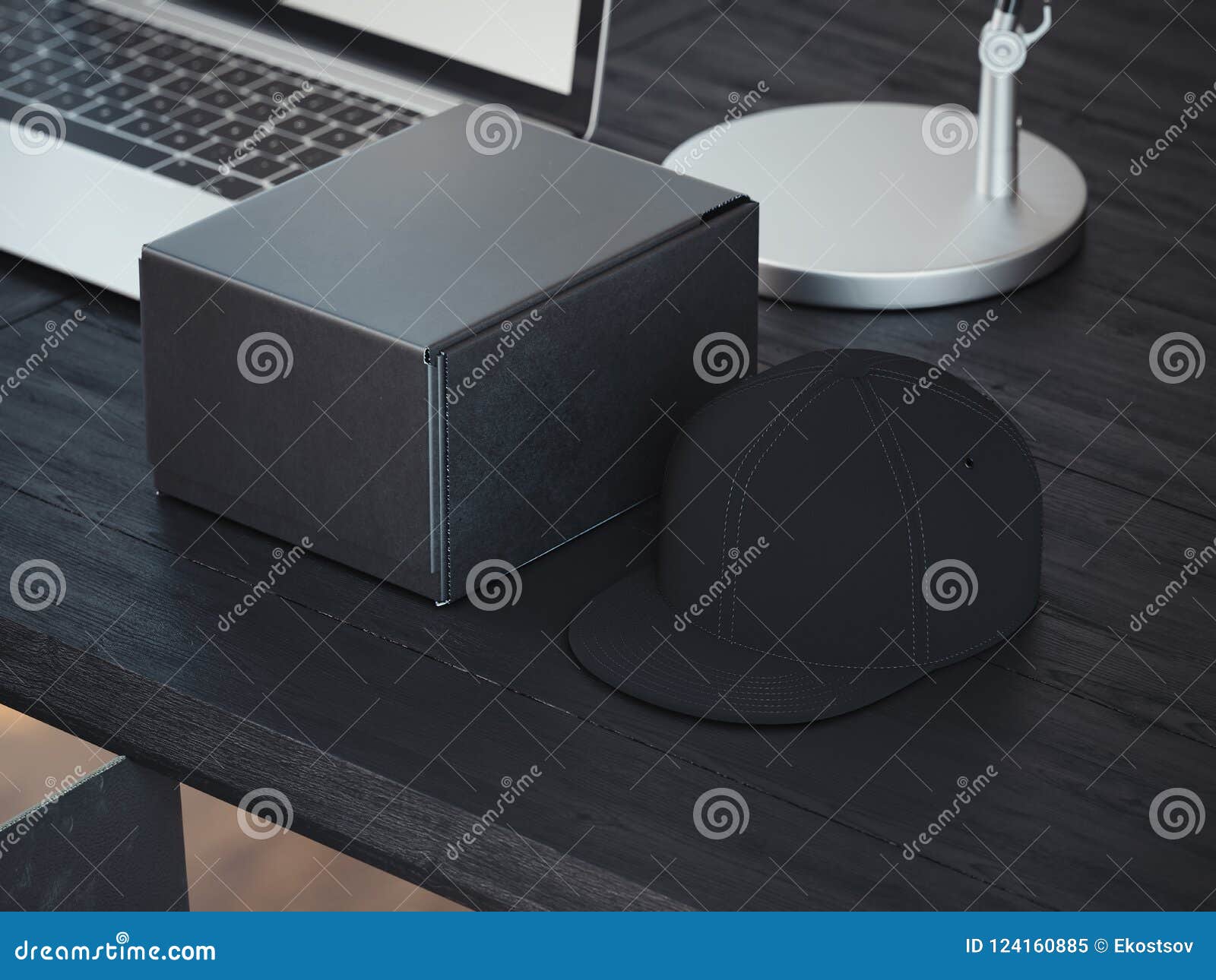 Close Up of Head Cap and Black Box on Table, 3d Rendering. Stock ...