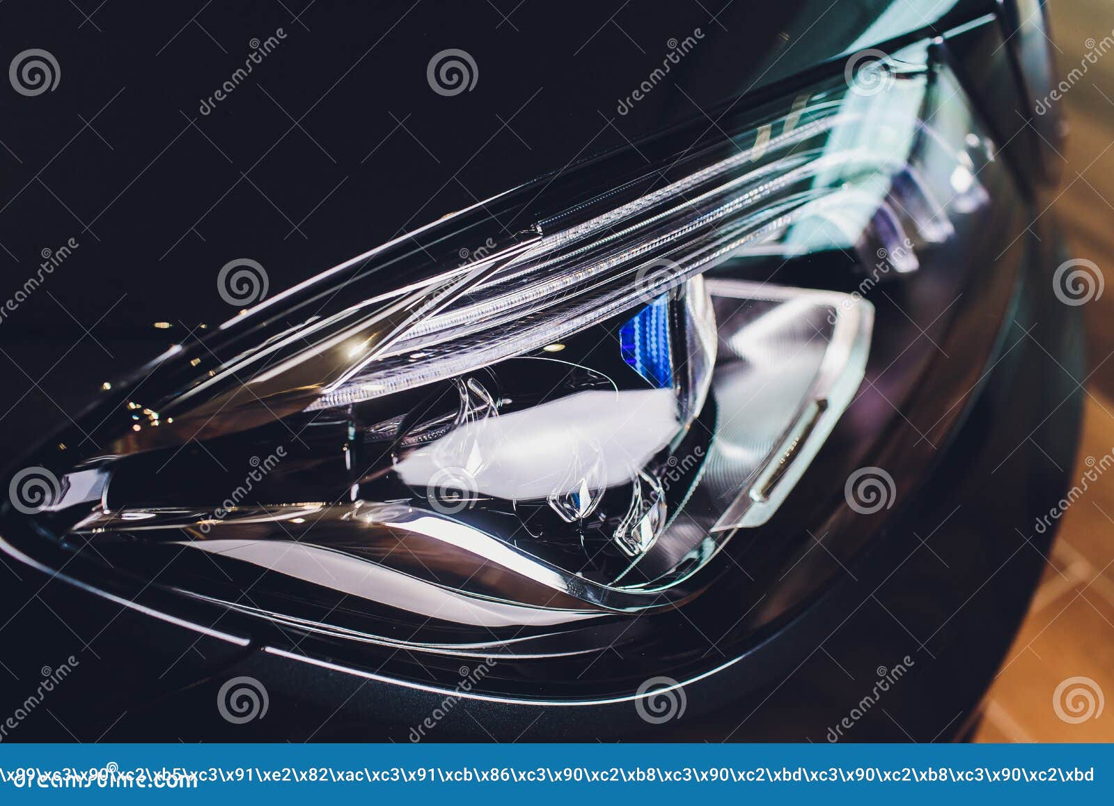 Close Up Headlights Front Side View , Black Color Car in Room. Stock ...