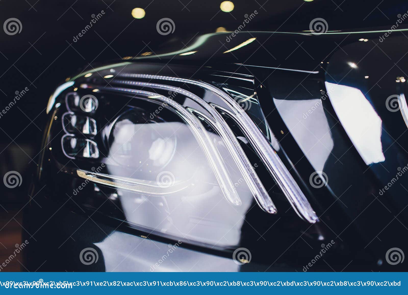 Close Up Headlights Front Side View , Black Color Car in Room. Stock ...