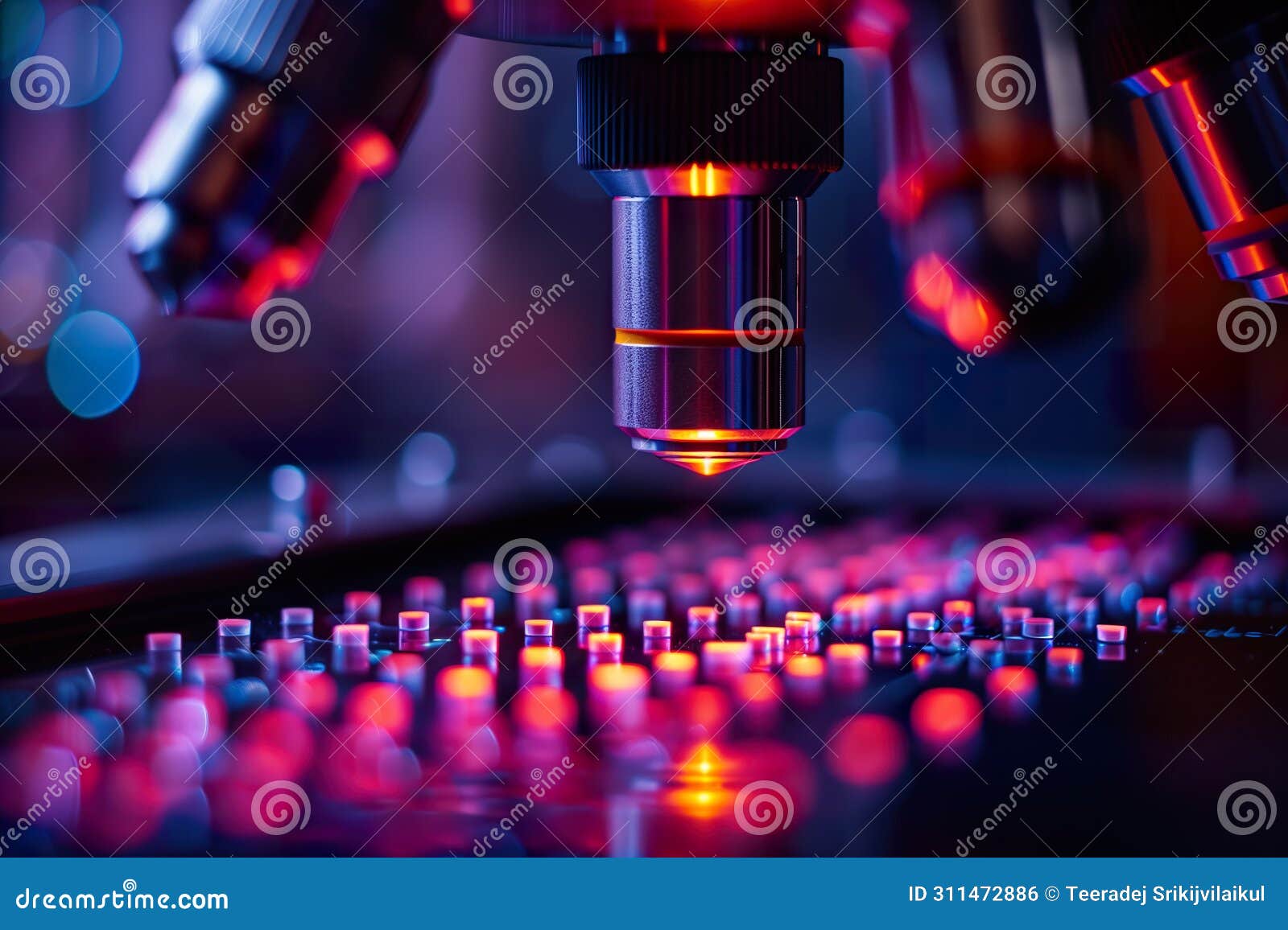 Close-up of High-powered Microscope Lens System Focused on Samples ...