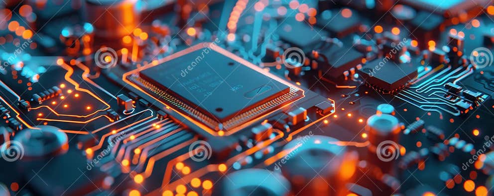 Close-up of a High-tech Electronic Circuit Board with Glowing ...