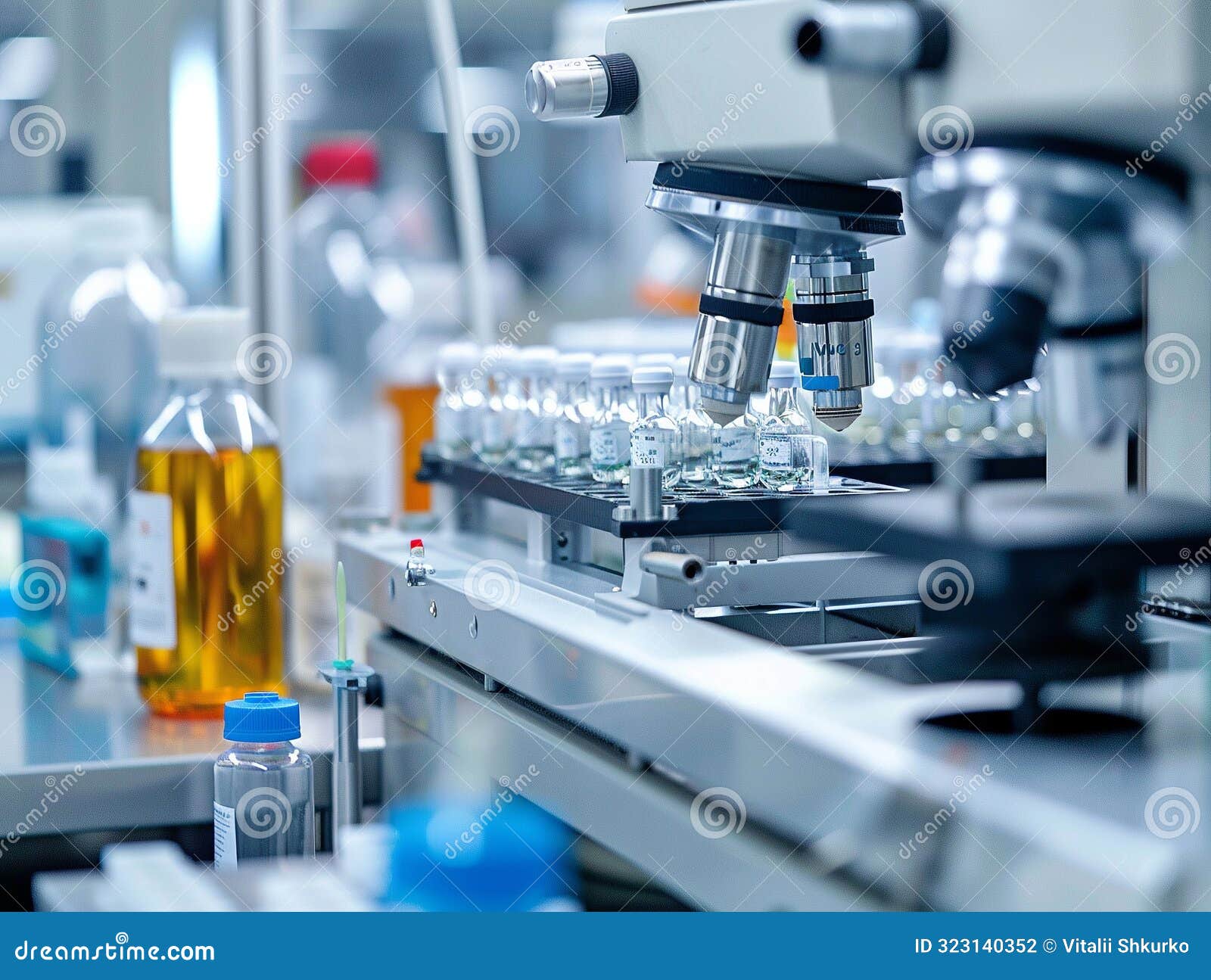 Close-up of a High-tech Microscope and Vials in a Modern Laboratory ...