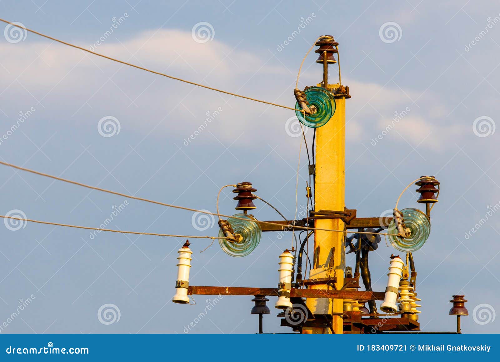 Close Up of High Voltage Insulators with Aluminium Wire at Power-tower ...