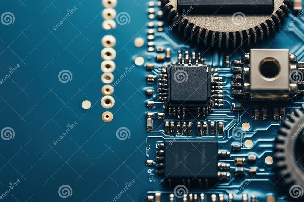 The Close-up Highlights a Microprocessor and Gears on a Circuit Board ...