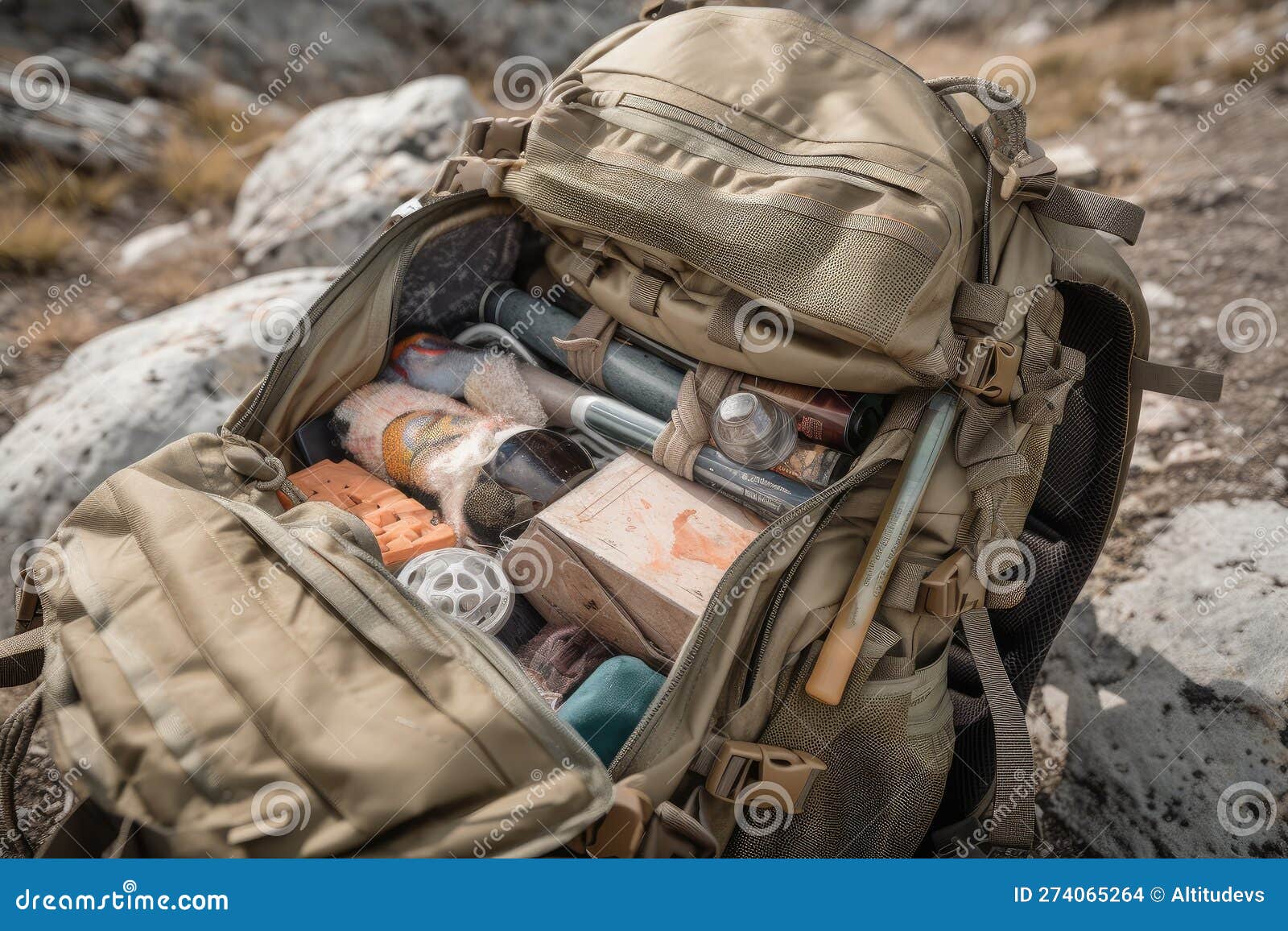 Close-up of Hiking Backpack with Various Pockets and Compartments ...