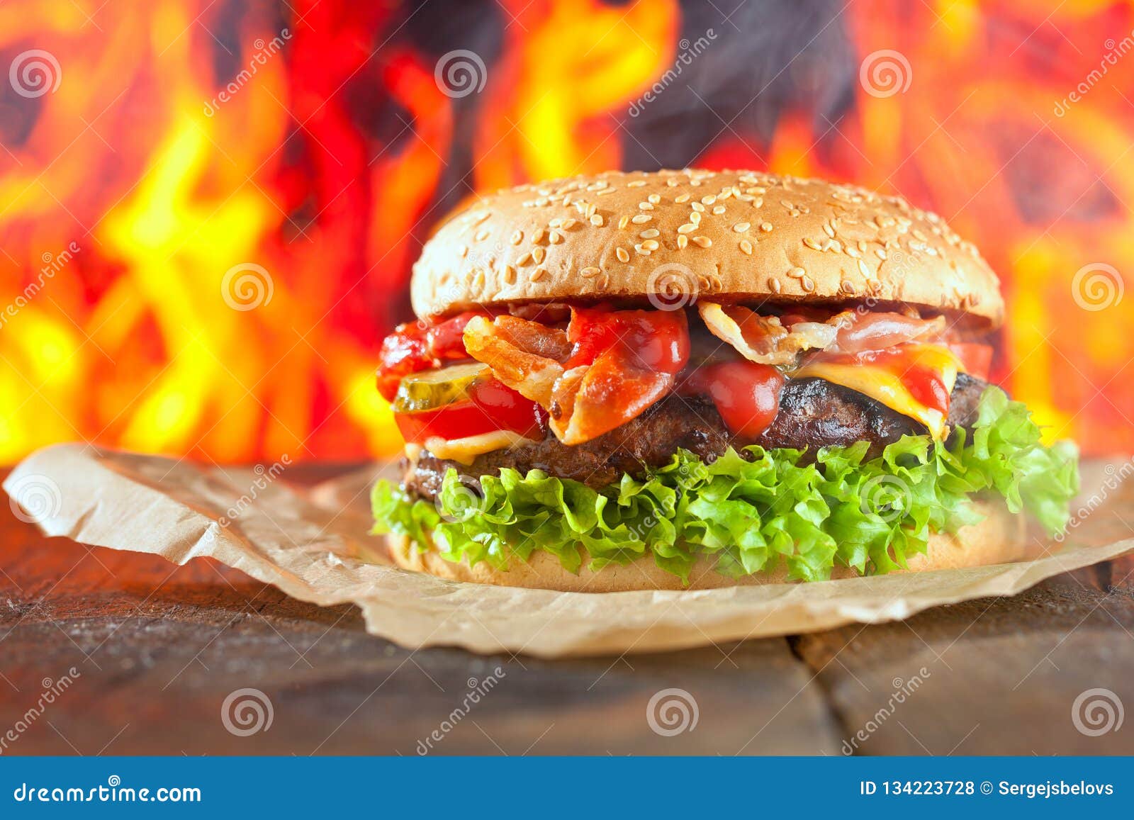 Close-up of Home Made Burgers with Fire Flames Stock Photo - Image of ...