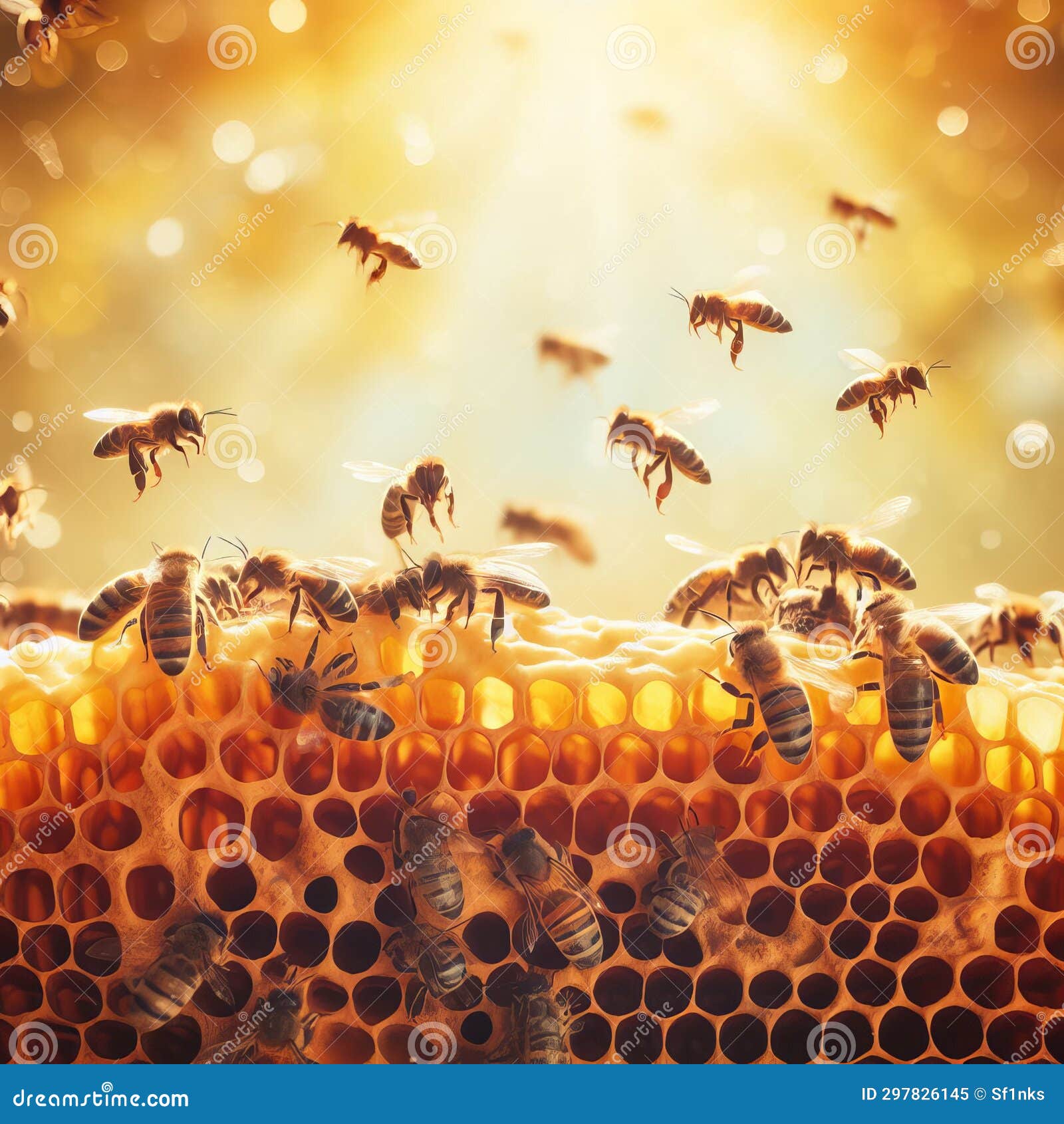 A Close-up of a Honeycomb with Bees Crawling on it, Illuminated by a ...