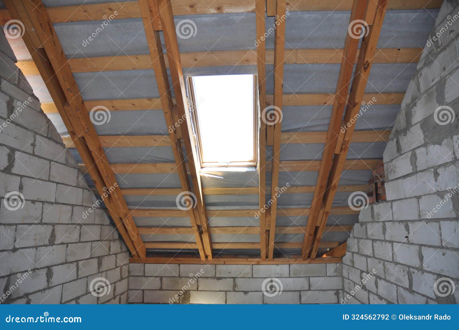 Close Up on House Attic Skylight Window Under Construction. Unfinished ...