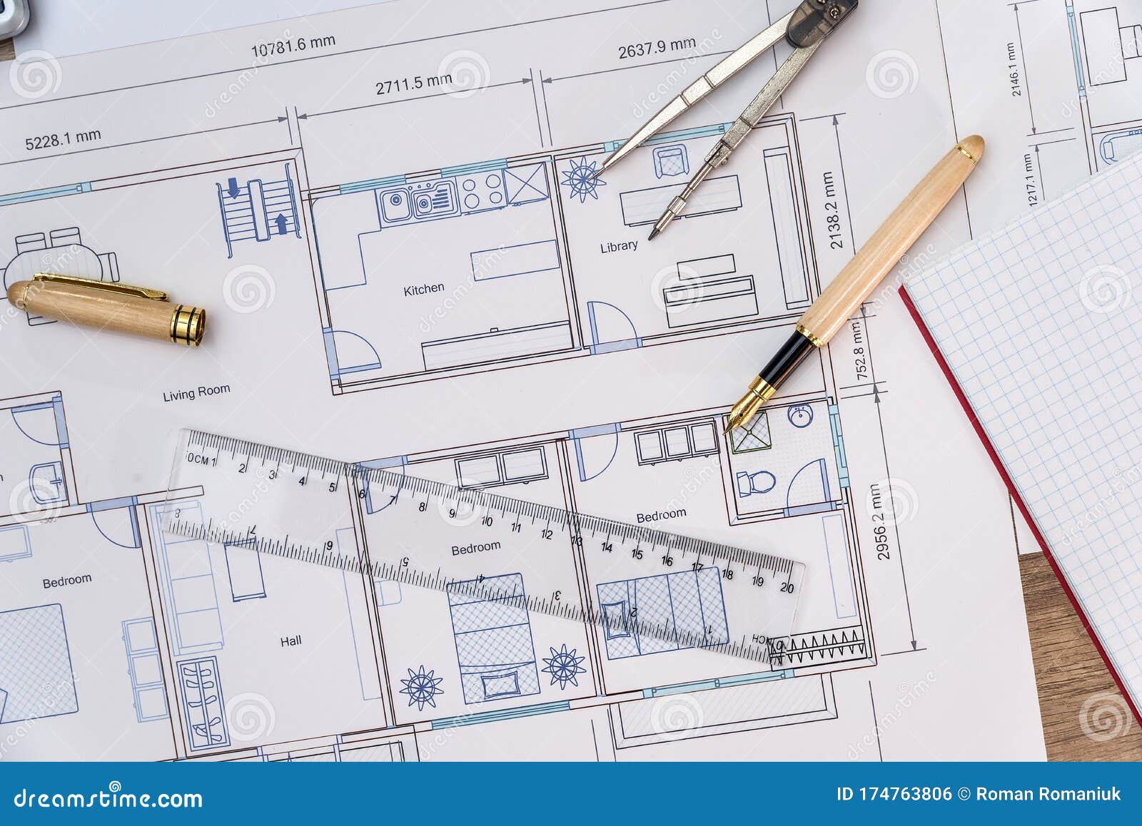 Close-up on House Plan with Ruler, Pen and Notebook Stock Photo - Image ...