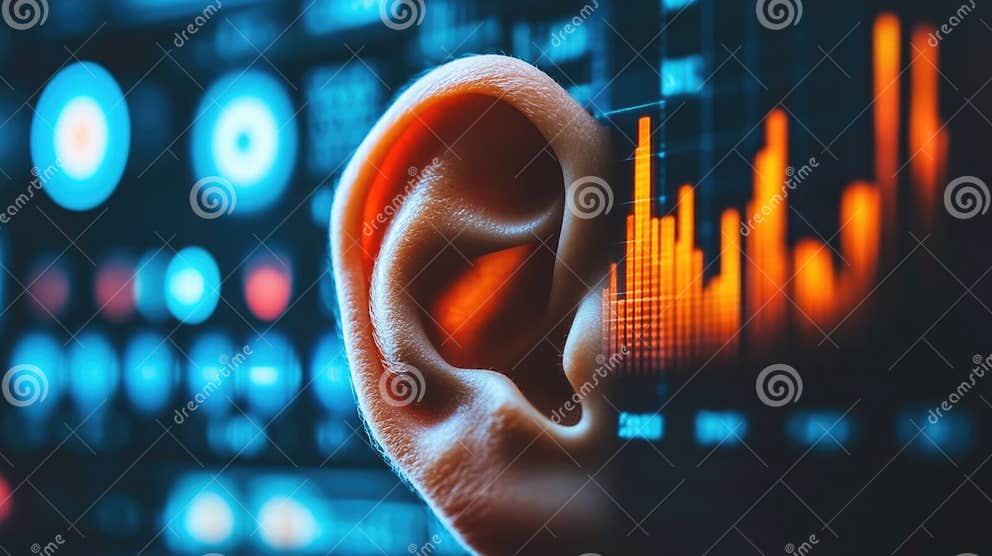 Close-up of Human Ear with Digital Sound Wave Visualization Stock ...