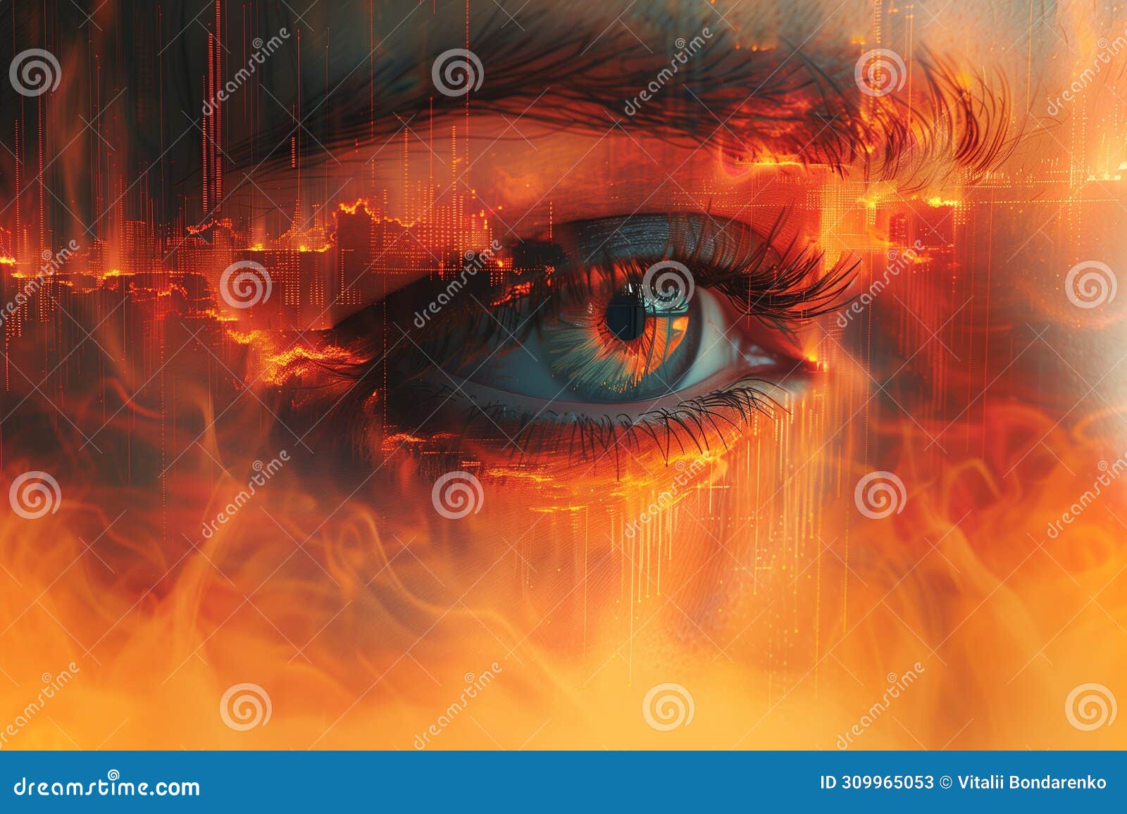 Close Up of Human Eye with Fire Effect. 3D Rendering. Stock ...