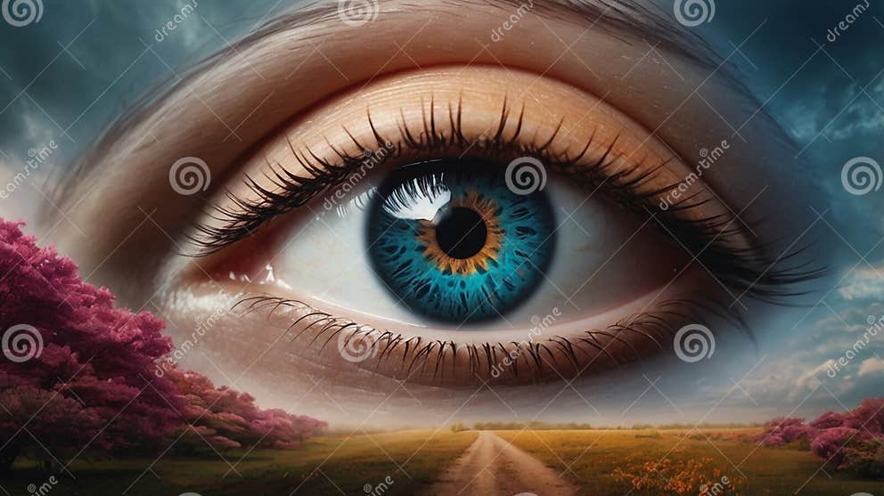 A Close-up of a Human Eye with a Path and Trees Reflected in the Iris ...