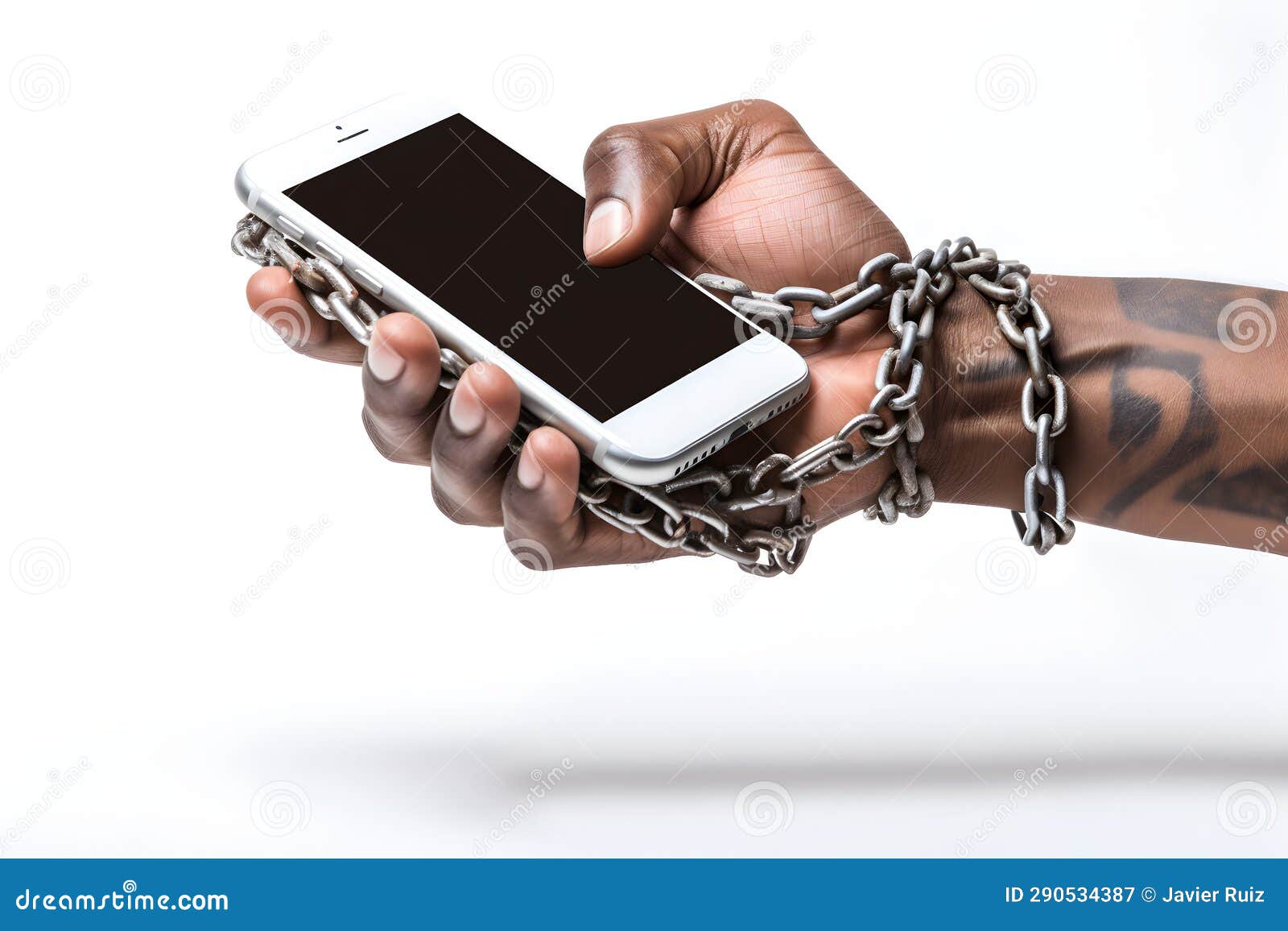 Close-up of a Human Hand Chained To a Cell Phone Representing the ...