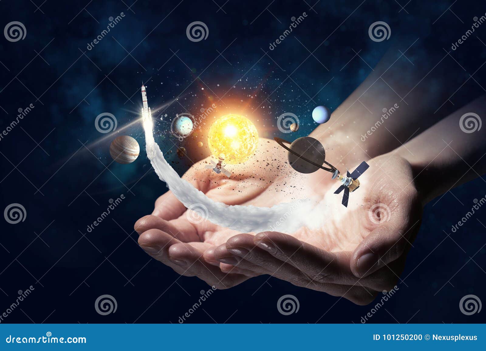 Solar system in hands stock photo. Image of infinity - 101250200
