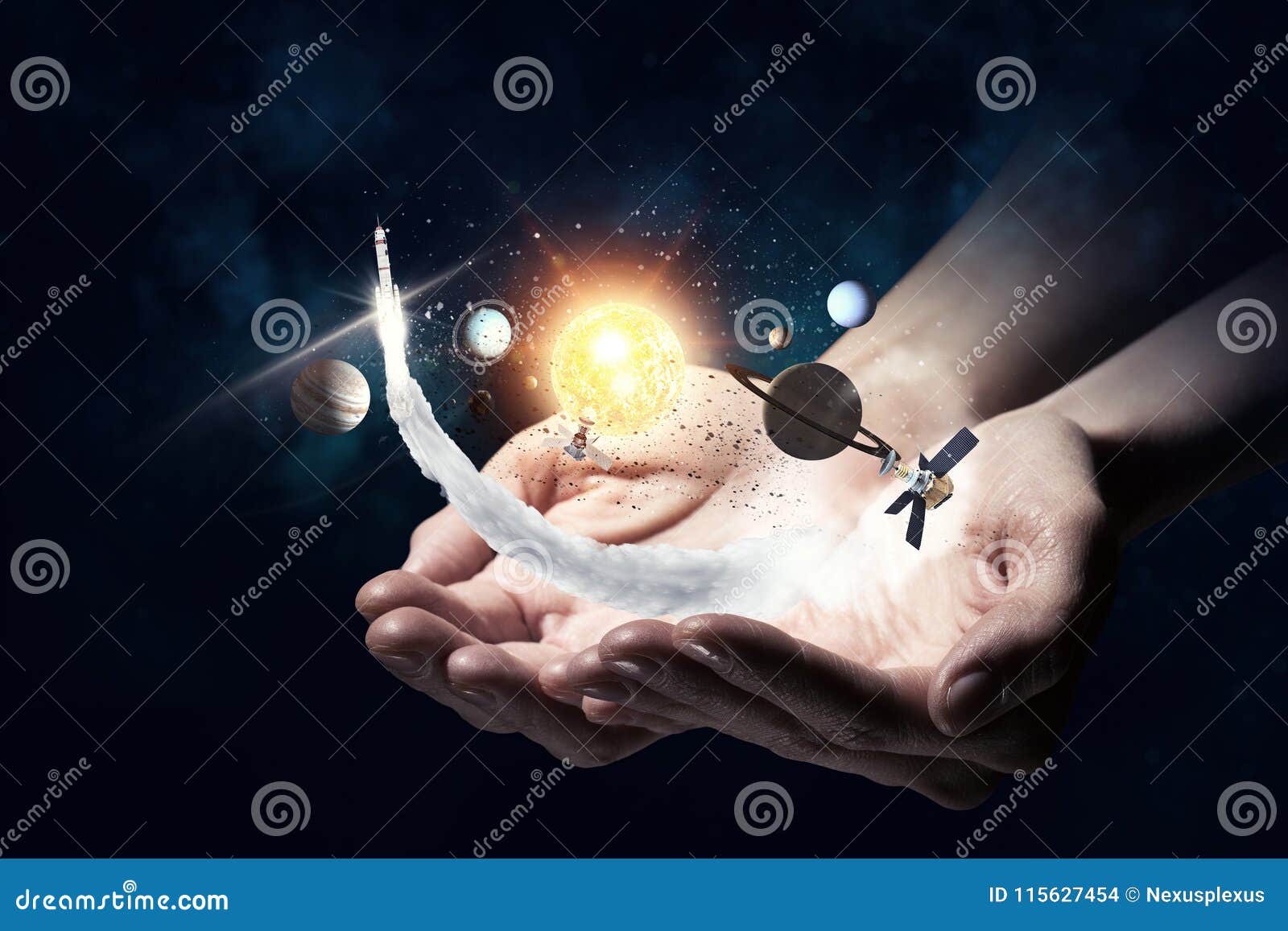Solar system in hands stock photo. Image of hand, space - 115627454