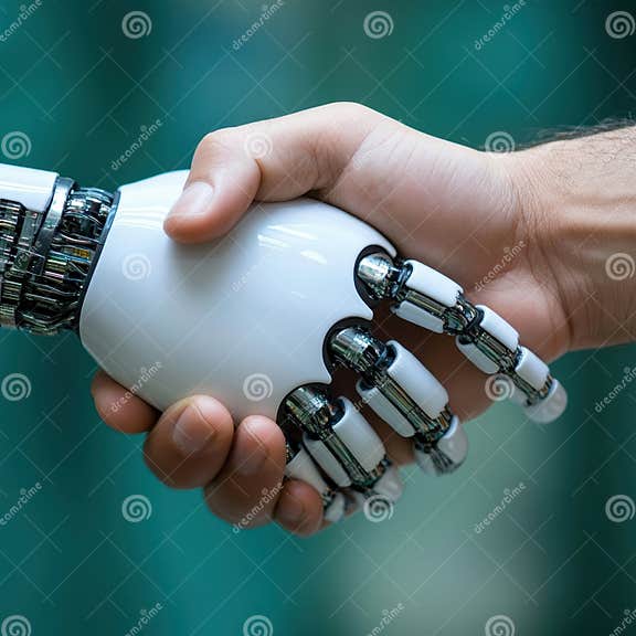 A Close-up of a Human Hand Shaking a Robotic Hand, Representing the ...