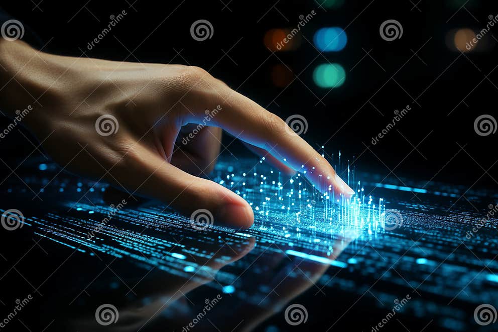 Human Hand Touching with Finger Virtual Panel with Binary Code Stock ...