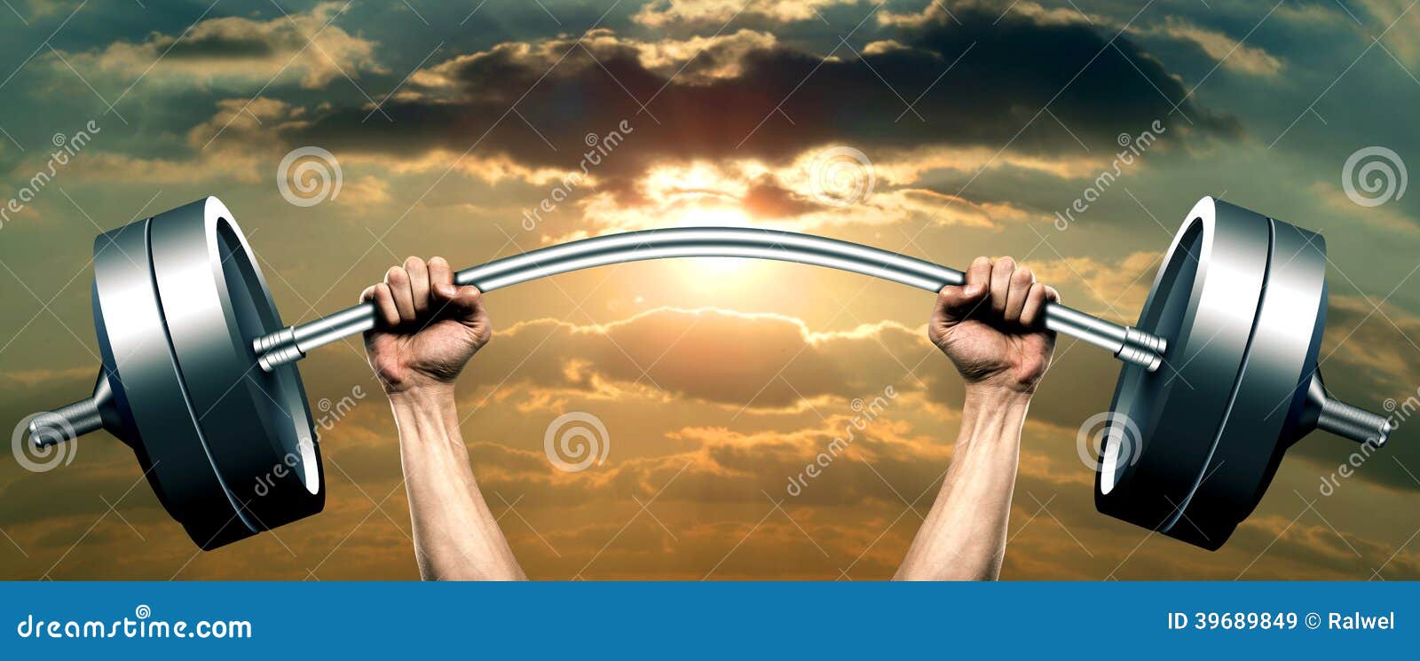 Close-up of Human Hands Lifting Up Barbell Over Sky at Sunrise. Stock ...