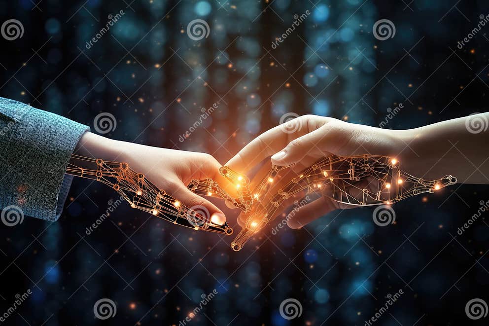 Close Up of Human Hands Touching with Finger Virtual Connection ...