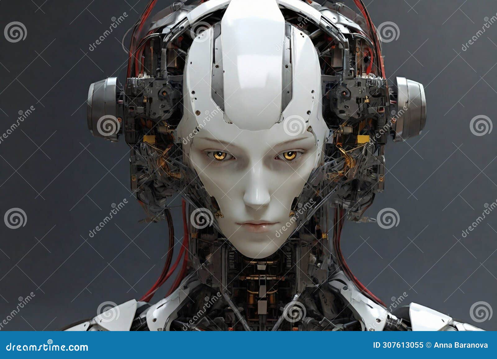 Close-up of Humanoid Robot Head on Grey Background Stock Image - Image ...