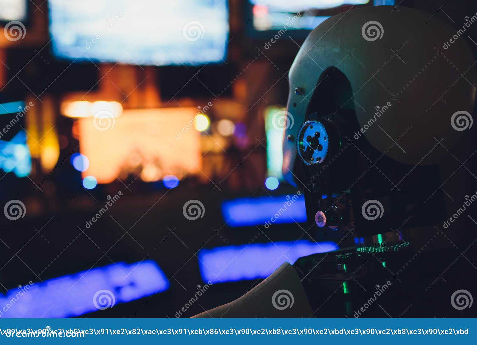 Close-up of Humanoid Robot Head with Micro-cameras Eyes on Blurred ...