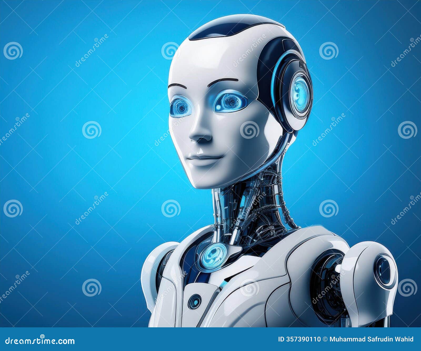 Close Up Humanoid Robot on Isolated Blue Background Stock Photo - Image ...