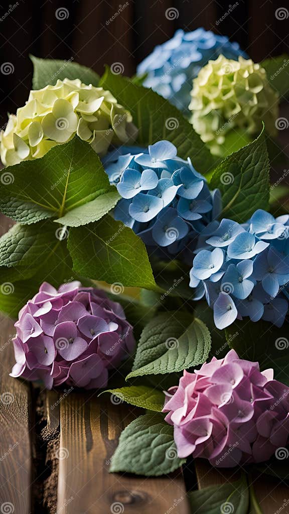 Close-up of Hydrangeas on a Wooden Table Illustration Artificial ...