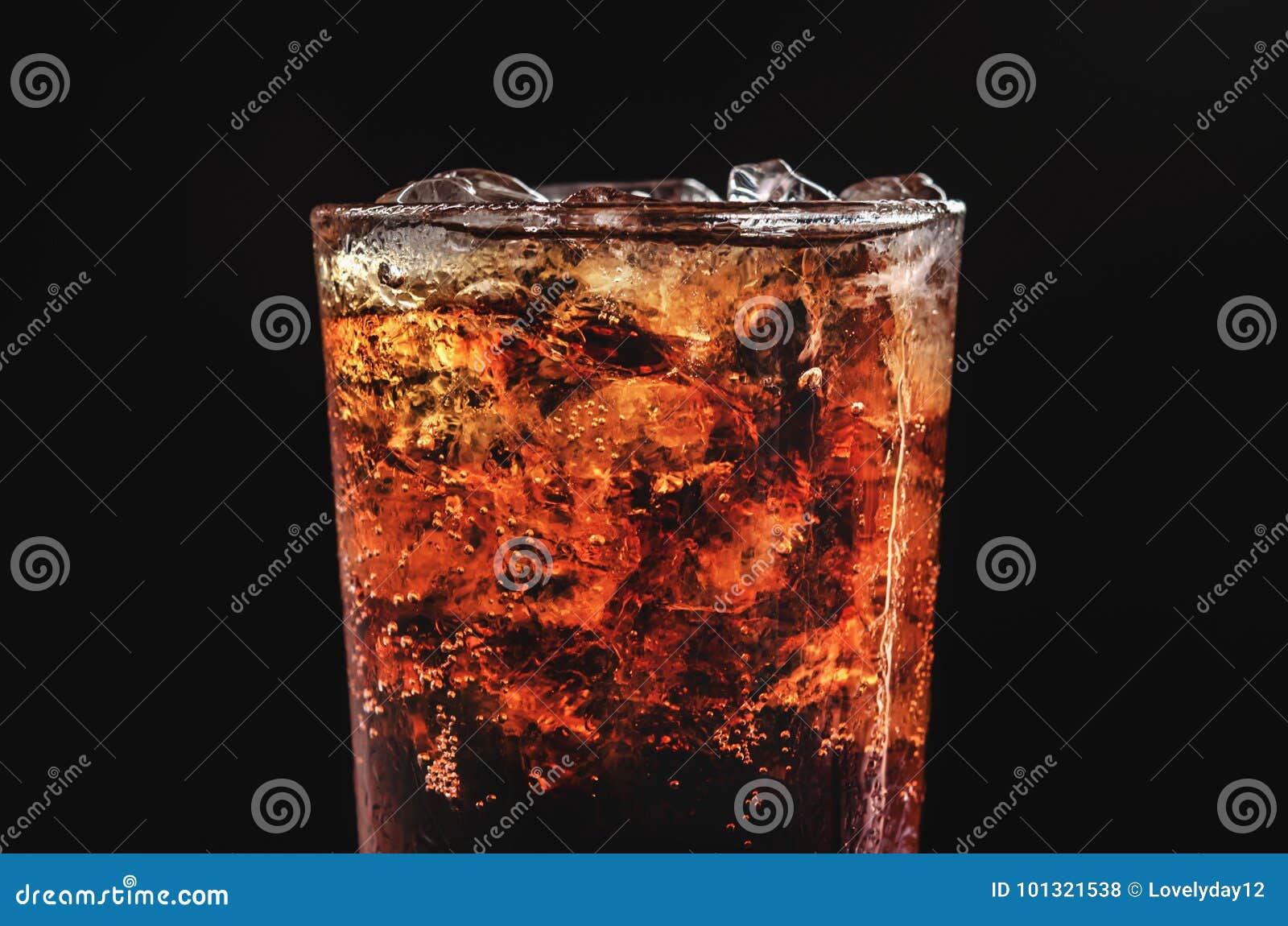 Close Up Ice Cola in Glass and Bubble Soda on Black Stock Photo - Image ...