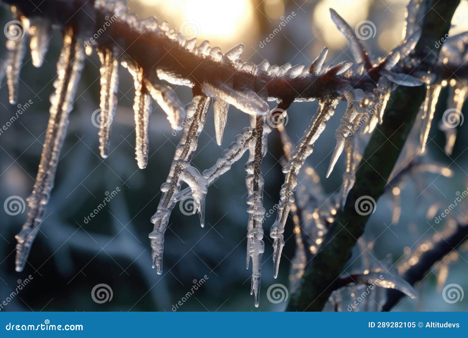 Close-up of Icicles Forming on Tree Branches Stock Image - Image of ...