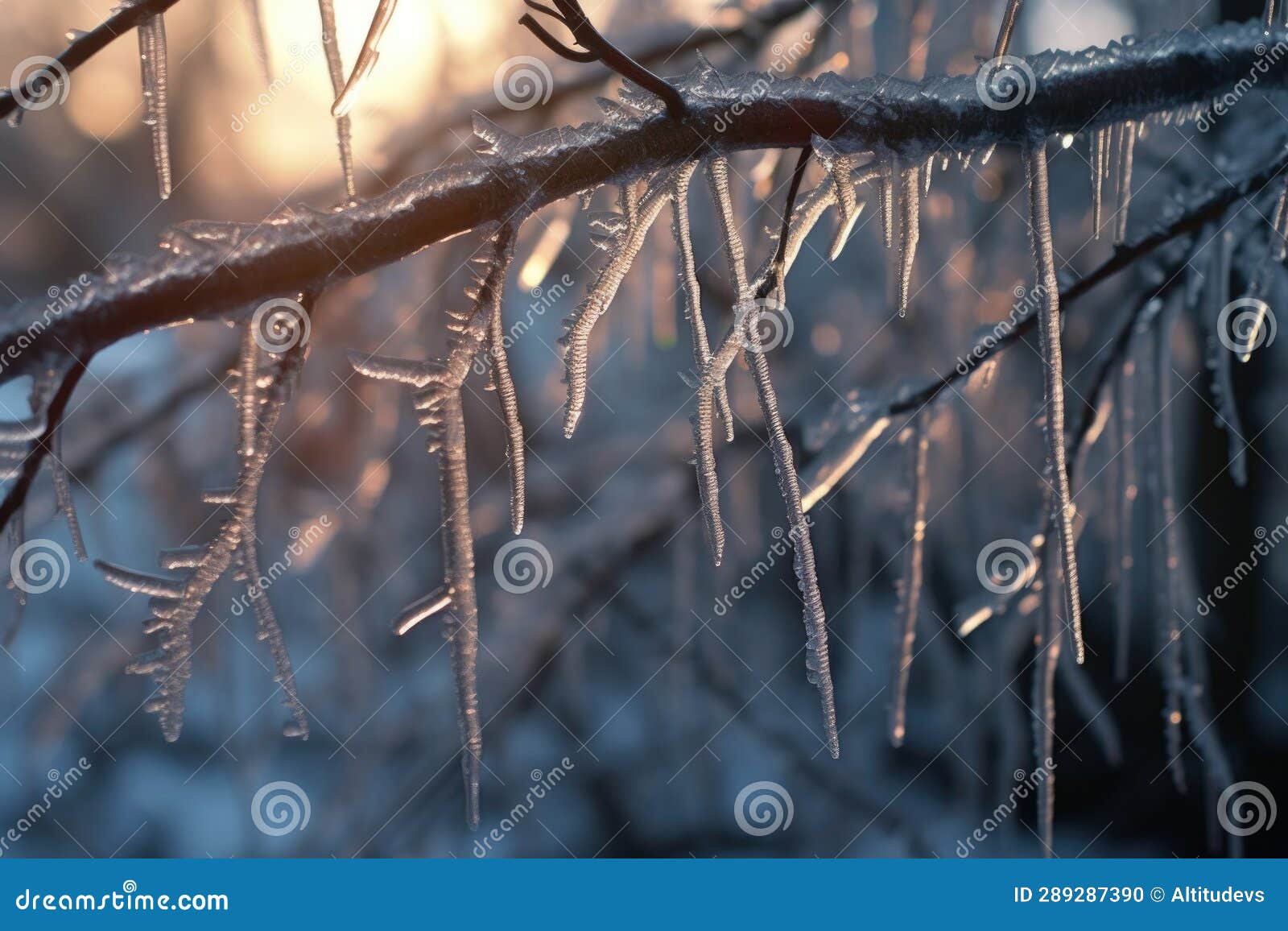 Close-up of Icicles Forming on Tree Branches Stock Illustration ...