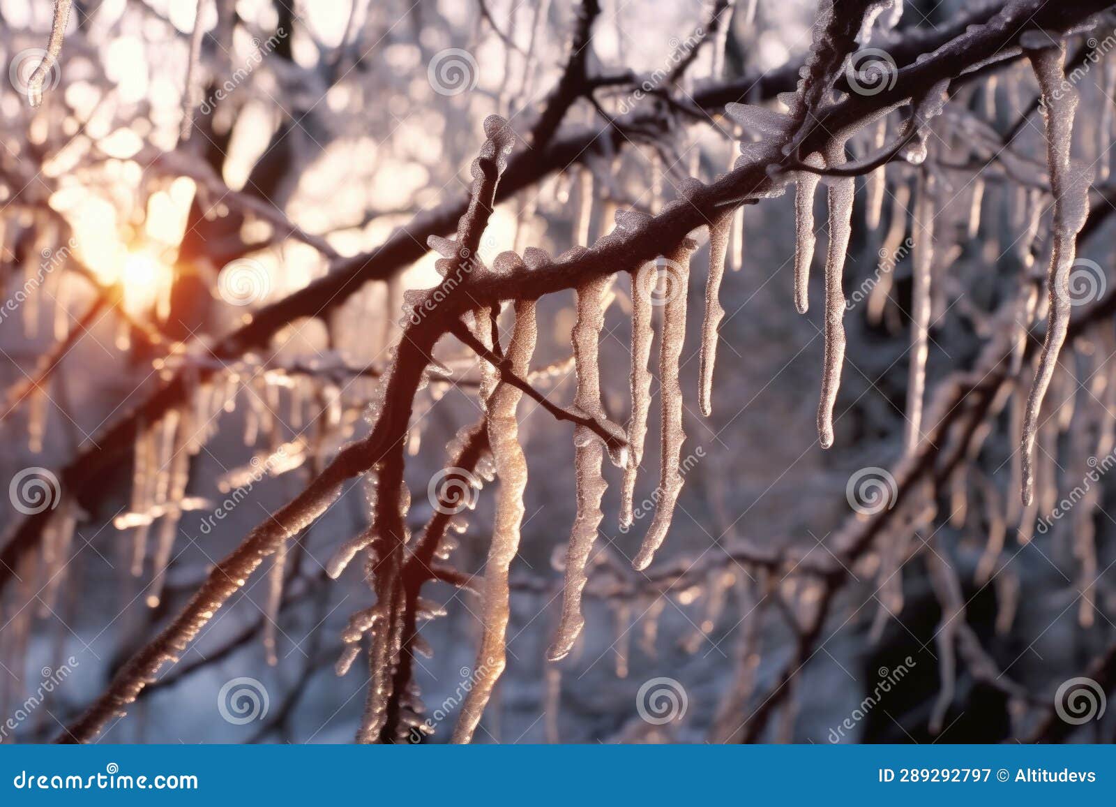 Close-up of Icicles Forming on Tree Branches Stock Image - Image of ...