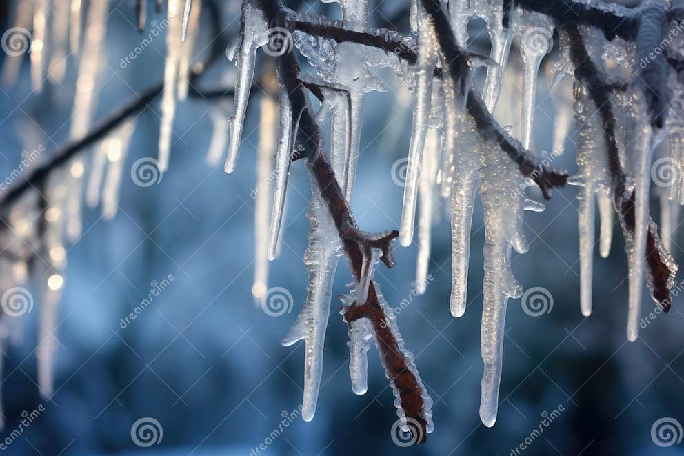 Close-up of Icicles Hanging from a Tree Branch Stock Image - Image of ...