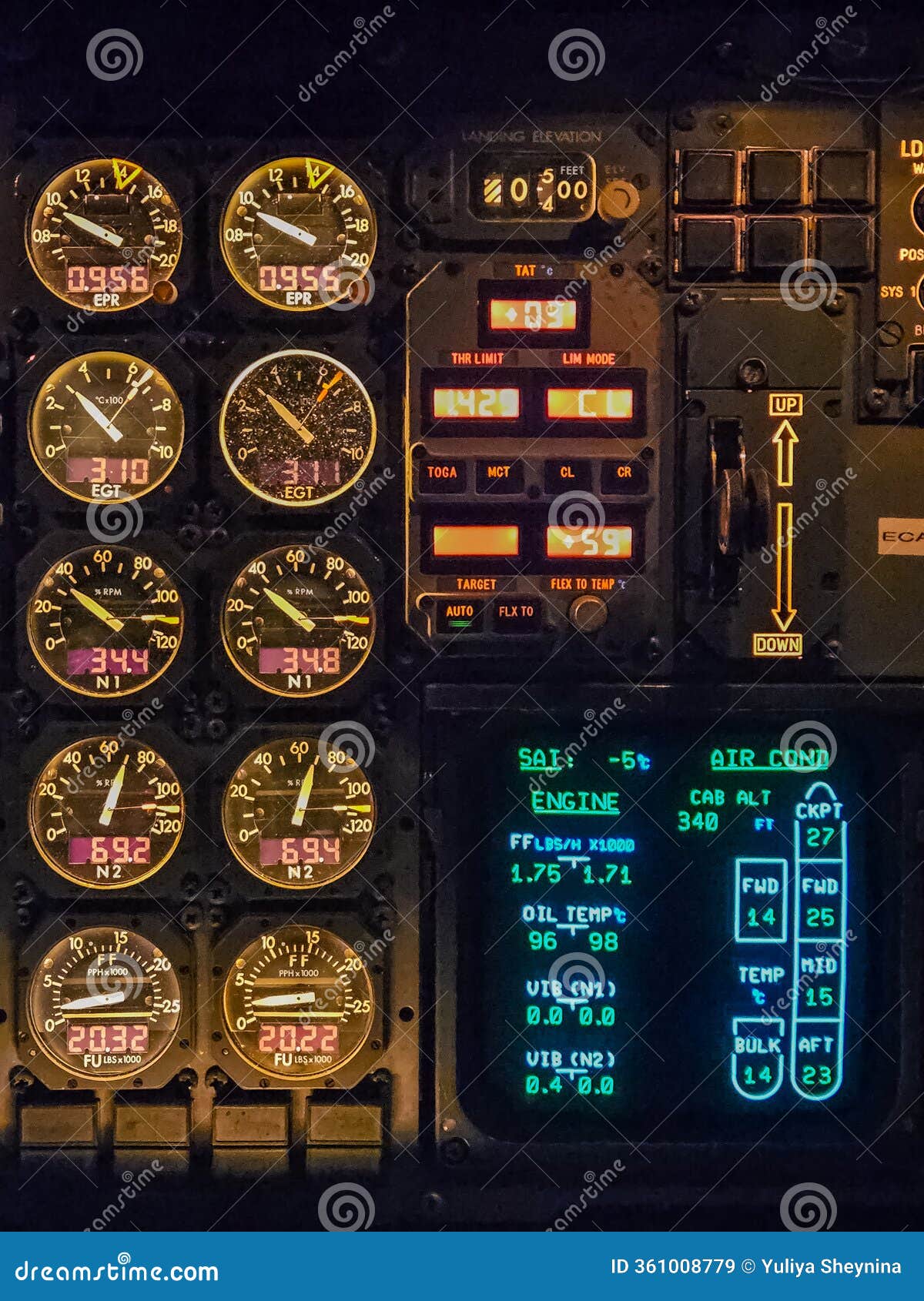 Close-up of an Illuminated Aircraft Cockpit Engine Control Panel at ...