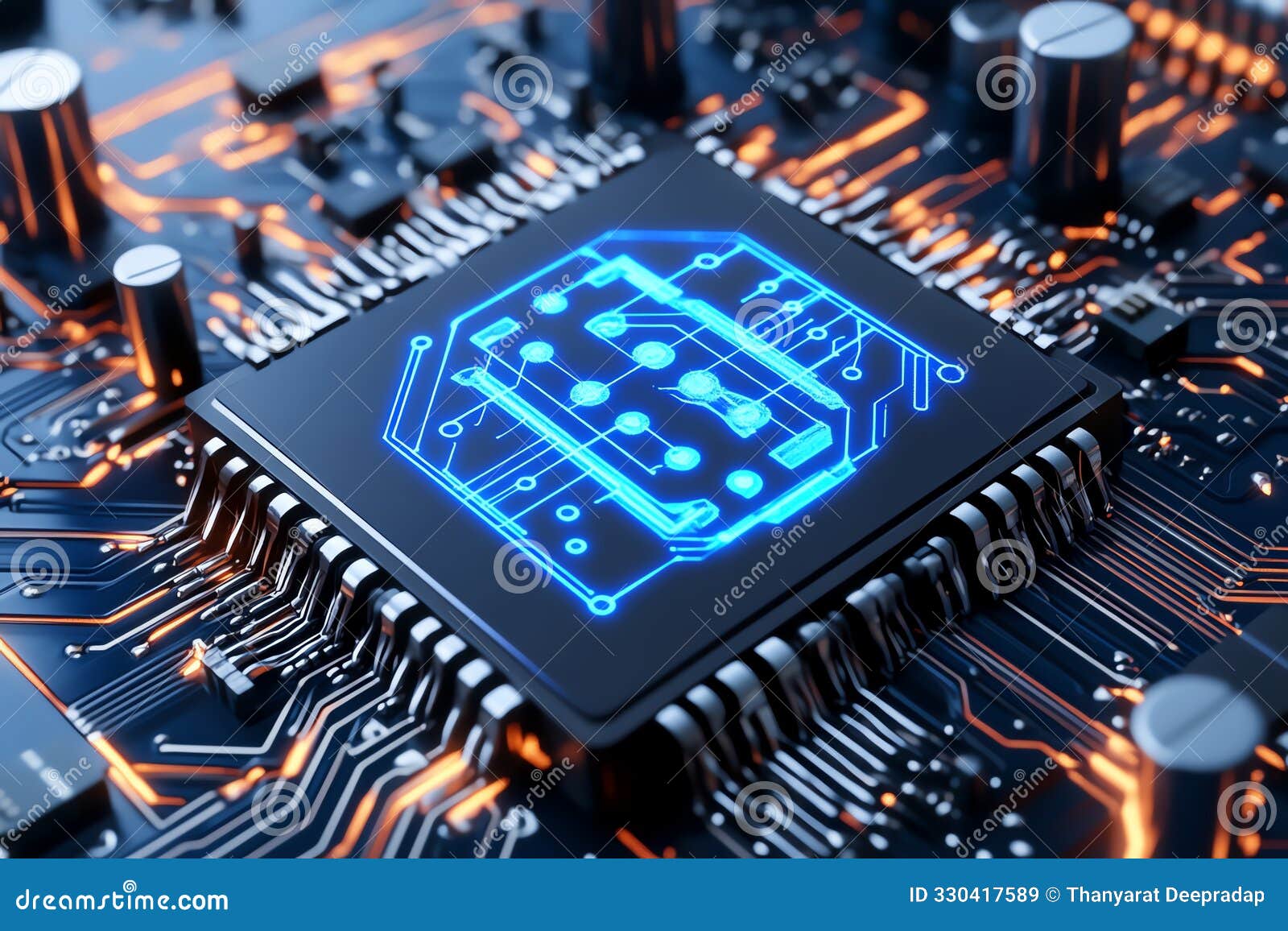 Close-up of an Illuminated Computer Chip on a Motherboard, Showcasing ...