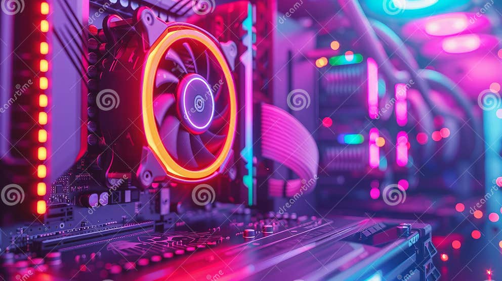 Close-up of an Illuminated Computer Motherboard with Cooling Fan. Stock ...
