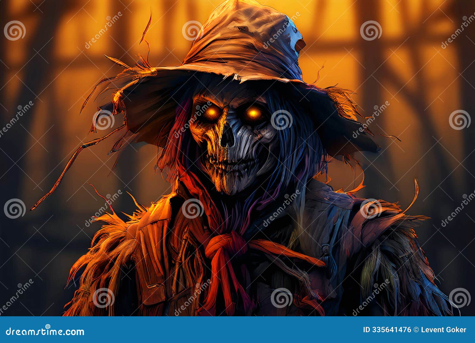 Close-up Illustration of a Scary Looking Scarecrow at Night. Stock ...
