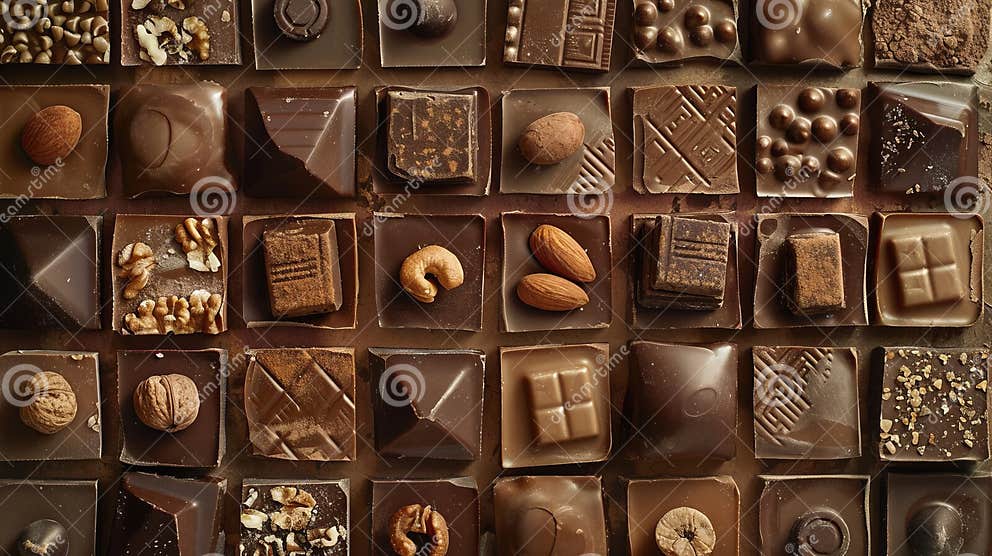 Close-up of an Assortment of Chocolate Squares Featuring Various Nuts ...