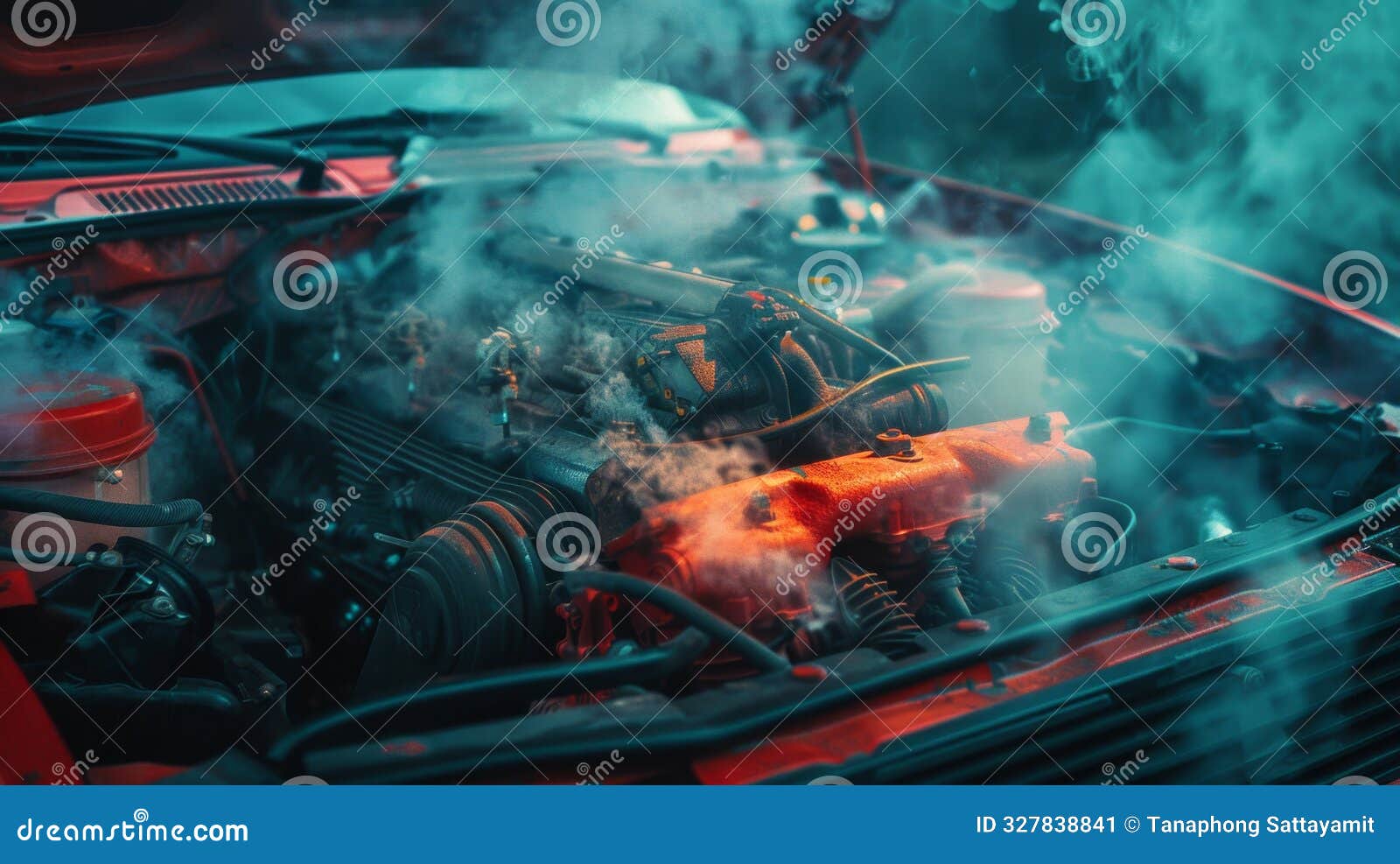 A Closeup Image of a Car Engine with Steam and Smoke Coming from it ...