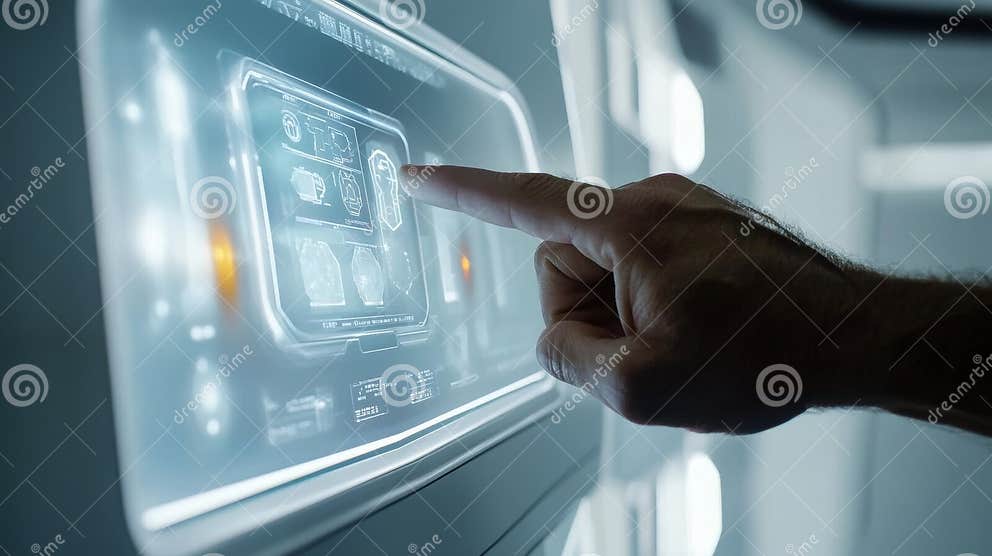 A Close-up Image of an Engineer S Hand Using a Touchscreen To Program a CNC Machine, with a ...