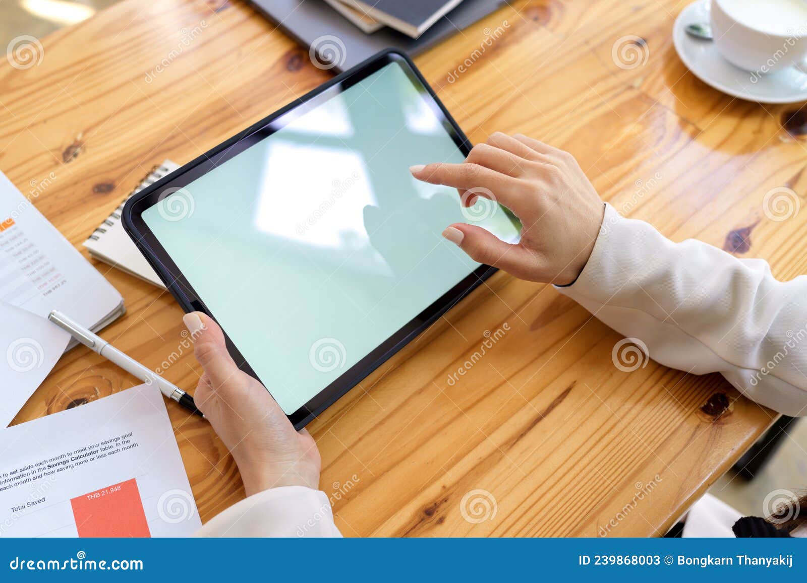 Close-up Image of a Female Hands is Tapping on Tablet Touchscreen Stock ...