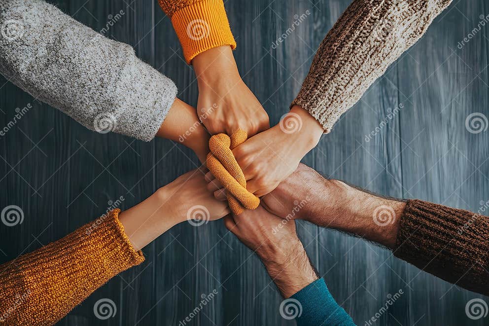 Five Hands Interlocked with a Yellow Rope on a Dark Wooden Background ...