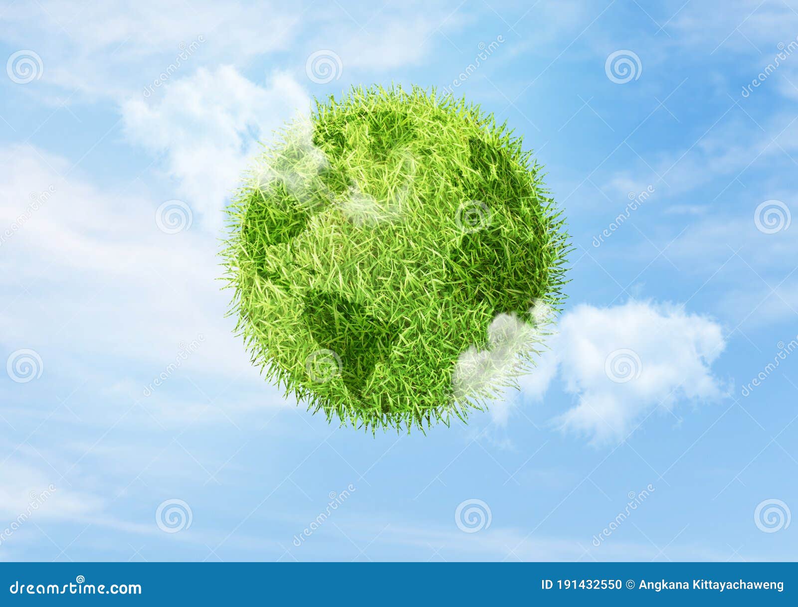 Green Grass Planet Earth in Sphere Shape with Blue Sky and White Clouds ...