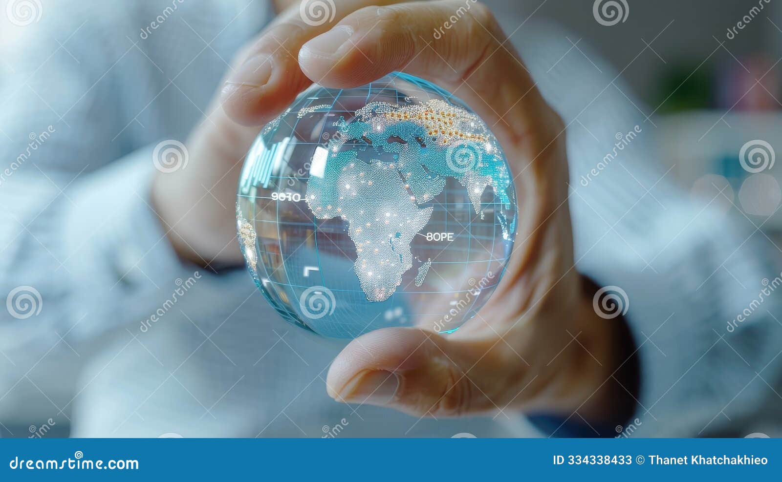 Hand Holding Glass Globe with World Map and Digital Data Stock ...