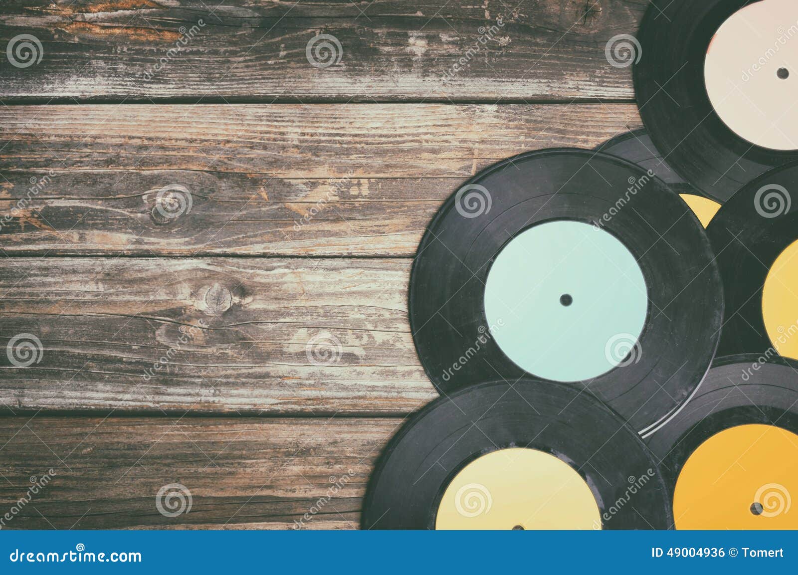 Close Up Image of Old Records Over Wooden Table , Image is Retro ...
