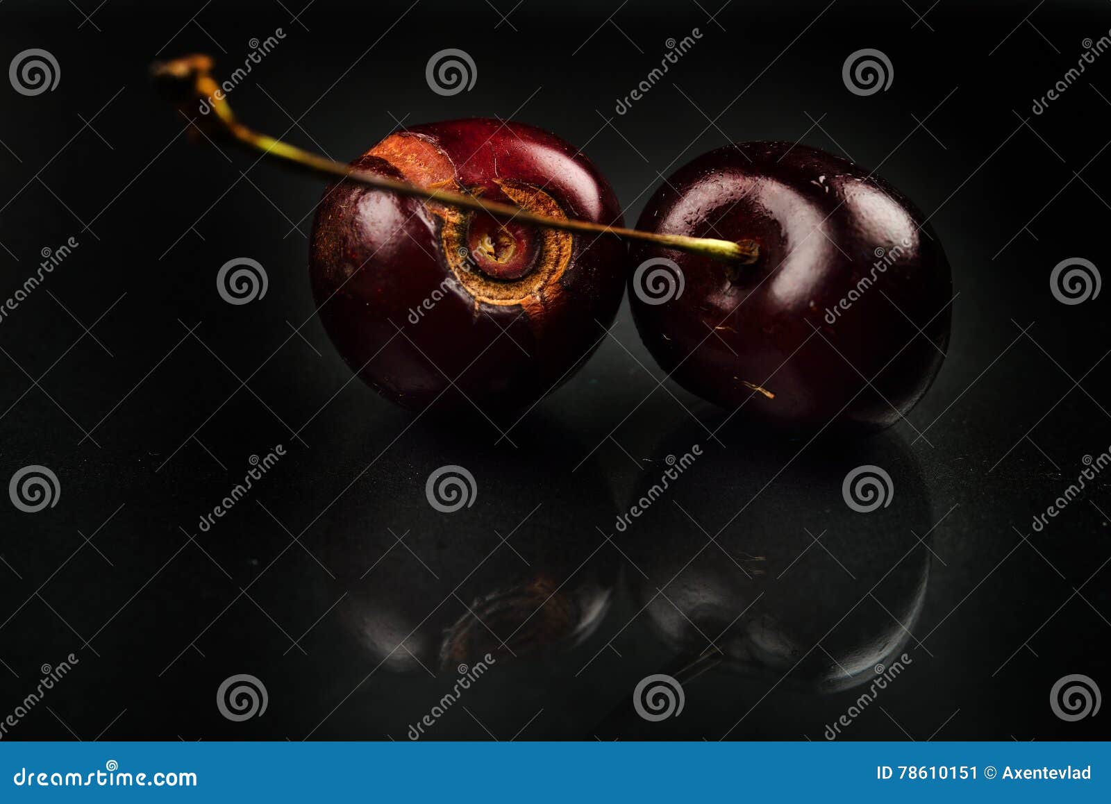 Close Up of Image of Rotten Red Cherries Fruit on Reflective Black ...