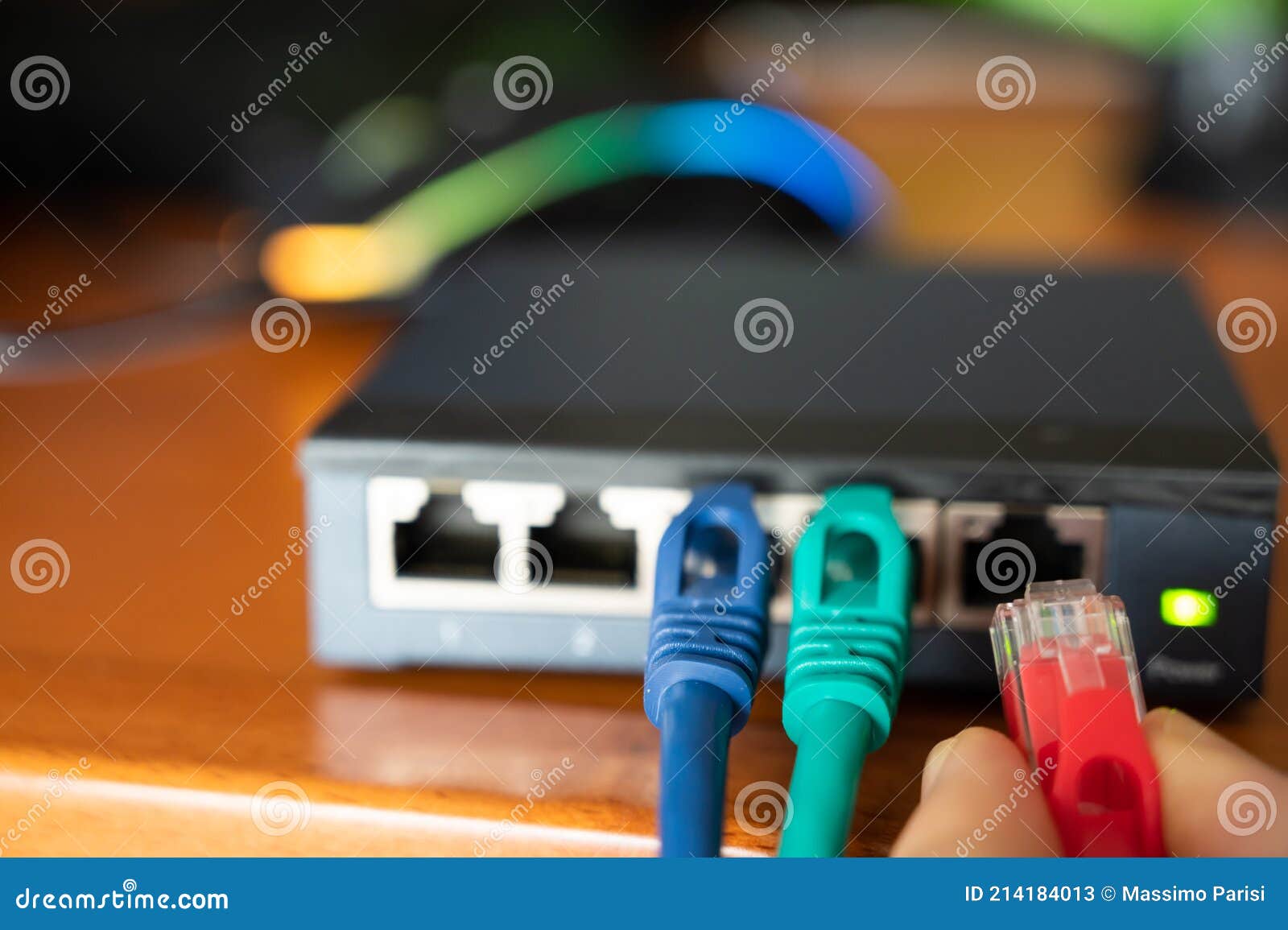 Close-up Image of a Router: the Connections of the Three Red, Green and ...