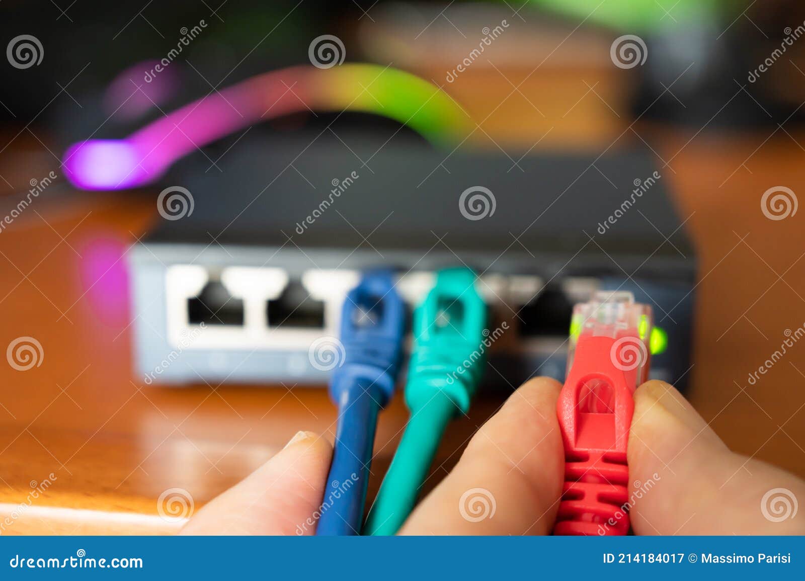 Close-up Image of a Router: the Connections of the Three Red, Green and ...